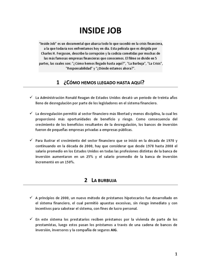 Inside Job: Causas de la Crisis 2008 | PDF | Desregulación | Crisis ...