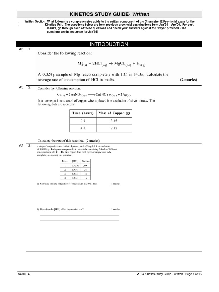 Chemistry 12 Kinetics Exam Guide | PDF | Chemical Kinetics | Reaction Rate