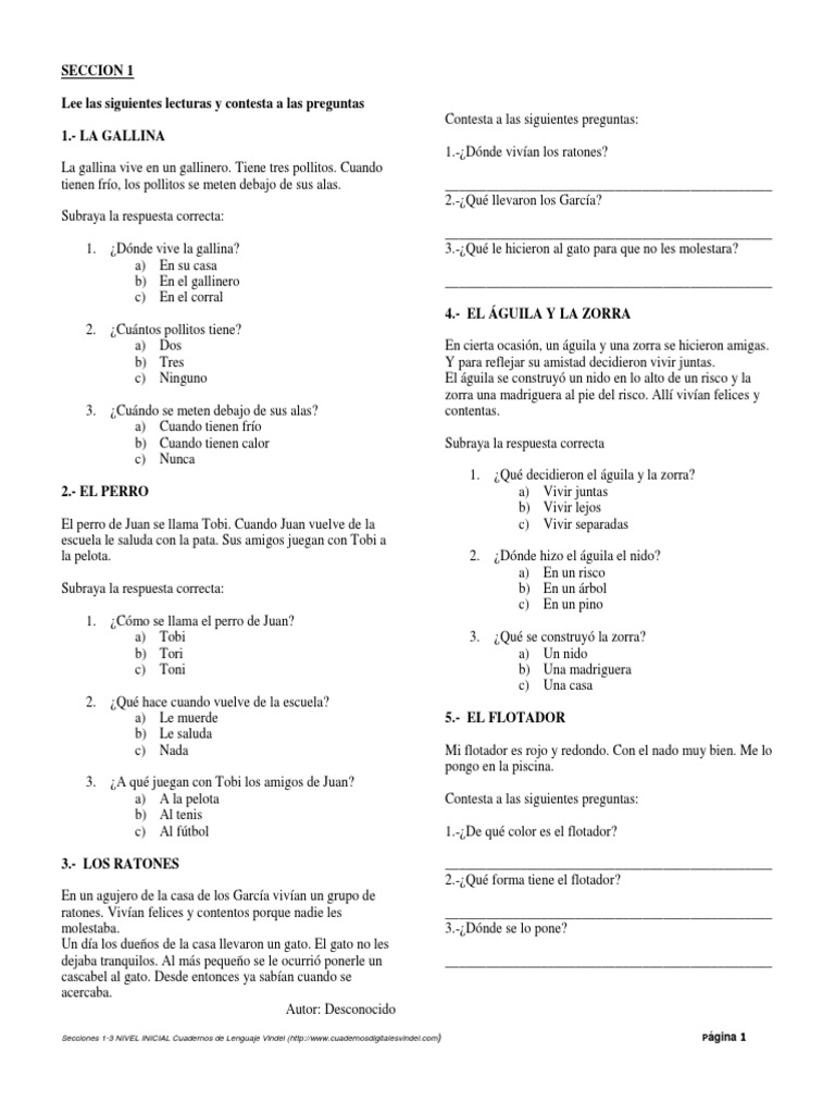 Lecturas Cortas Con Preguntas Secc 1 A 3 NIVEL INICIAL Vin | PDF ...