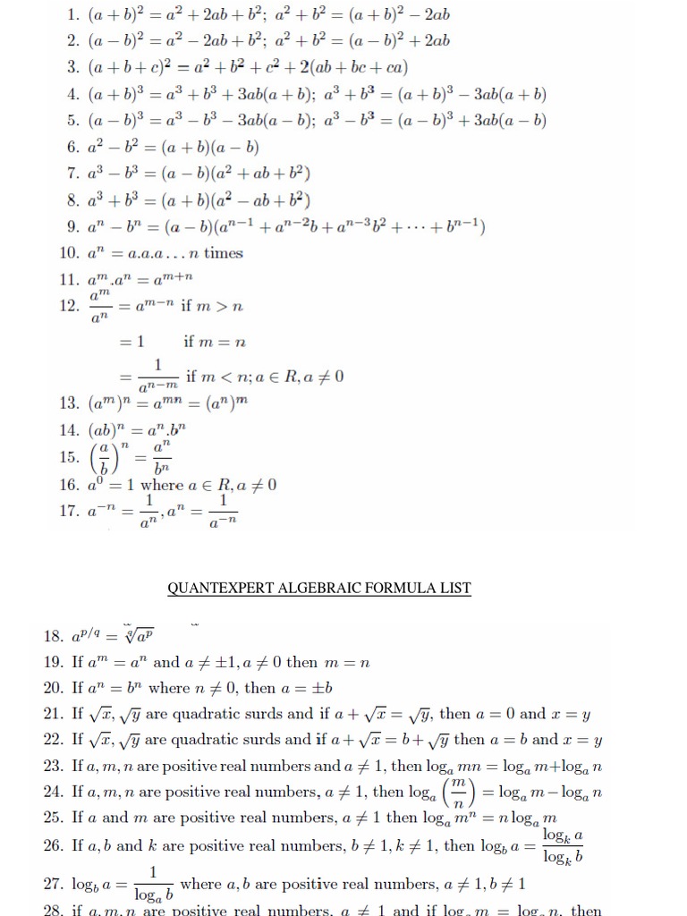 Quantexpert Algebraic Formulas List | PDF | Teaching Mathematics