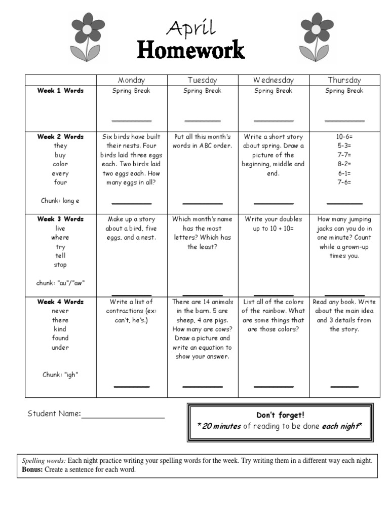 April Homework Calendar | PDF | Language Arts & Discipline