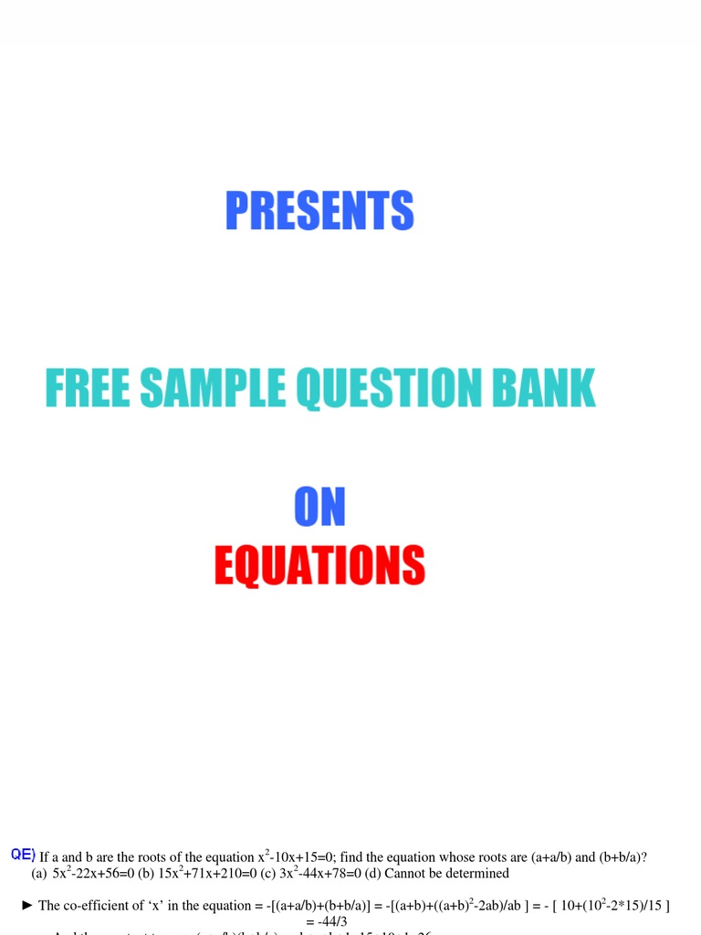 Quantexpert Free Question Bank On Equations | PDF | Quadratic Equation ...