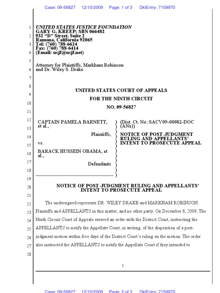 KEYES - BARNETT V OBAMA (APPEAL) - 5 - Notice of Ruling On Post ...