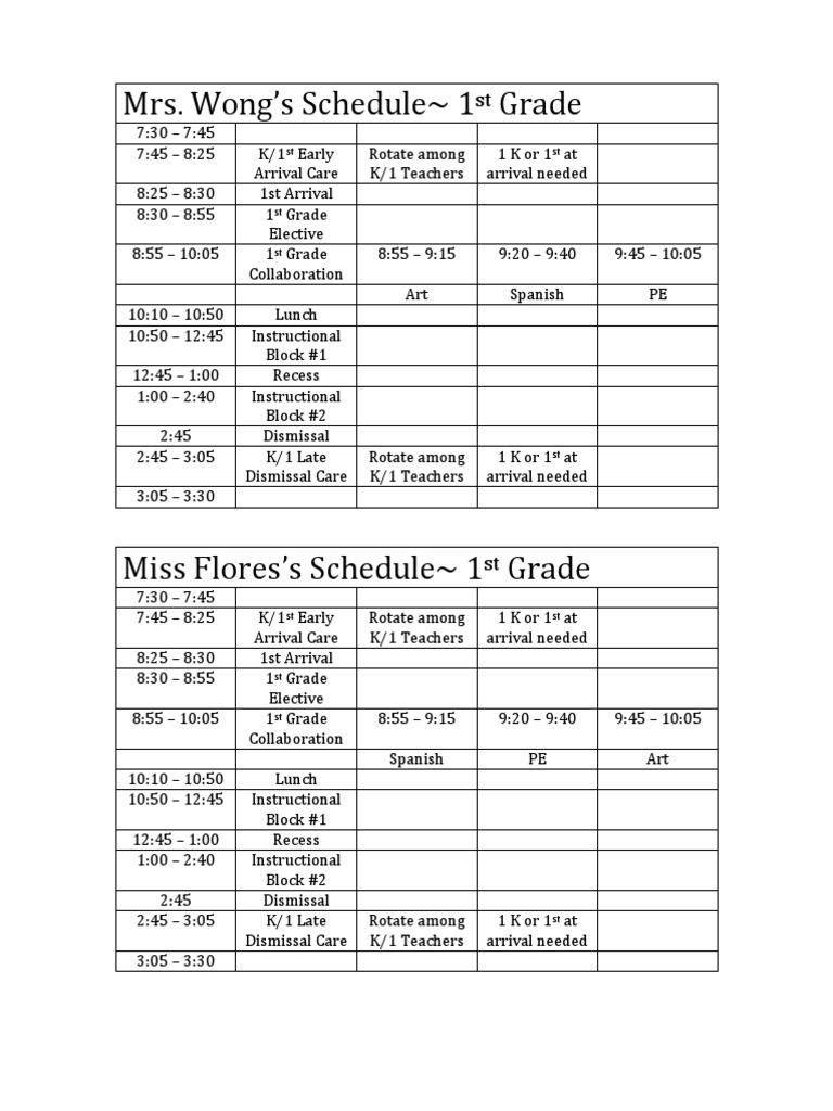 1st Grade Class Schedules Overview | PDF | Foreign Language Studies