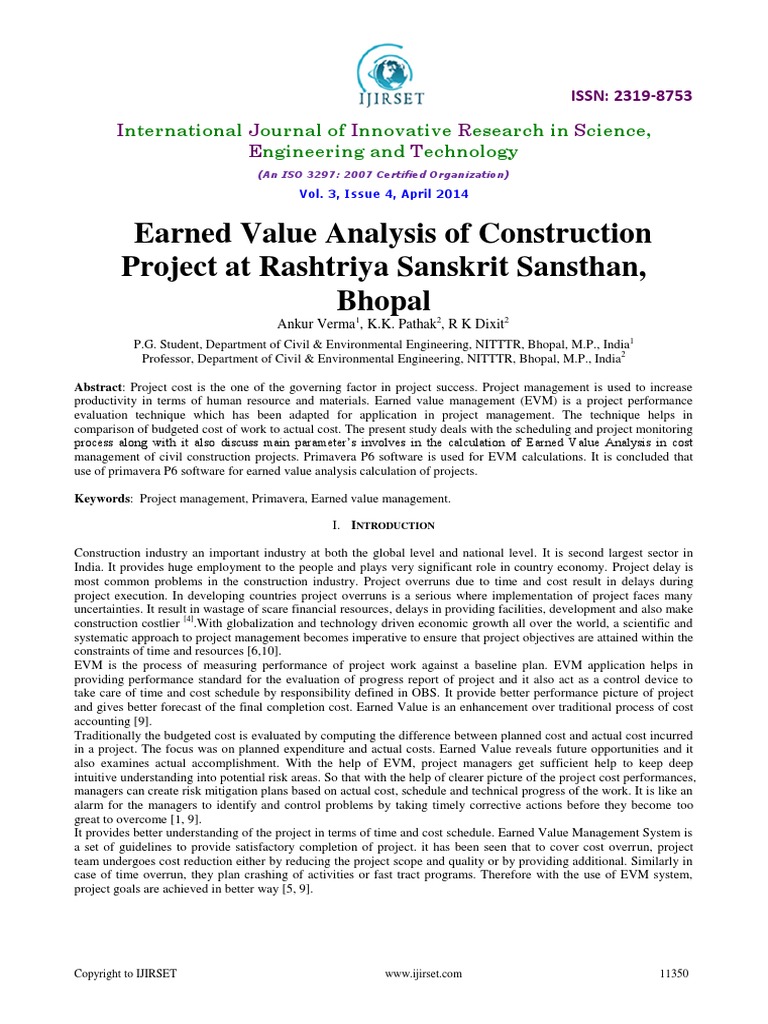 Earned Value Analysis of Construction Project at Rashtriya Sanskrit Sansthan, Bhopal | PDF ...