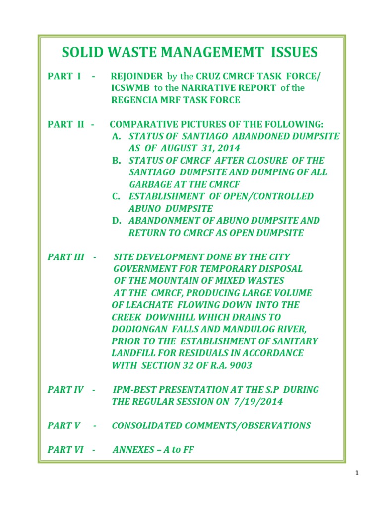 Rejoinder by Cruz MRF Task Force To Narrative Report On Solid Waste by Regencia MRF Task Force-1 ...