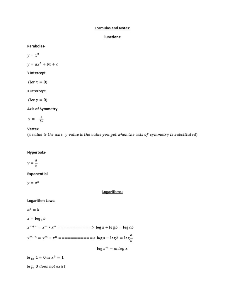 Formulas and Notes: Functions: Parabolas-: Y Intercept | PDF | Area ...