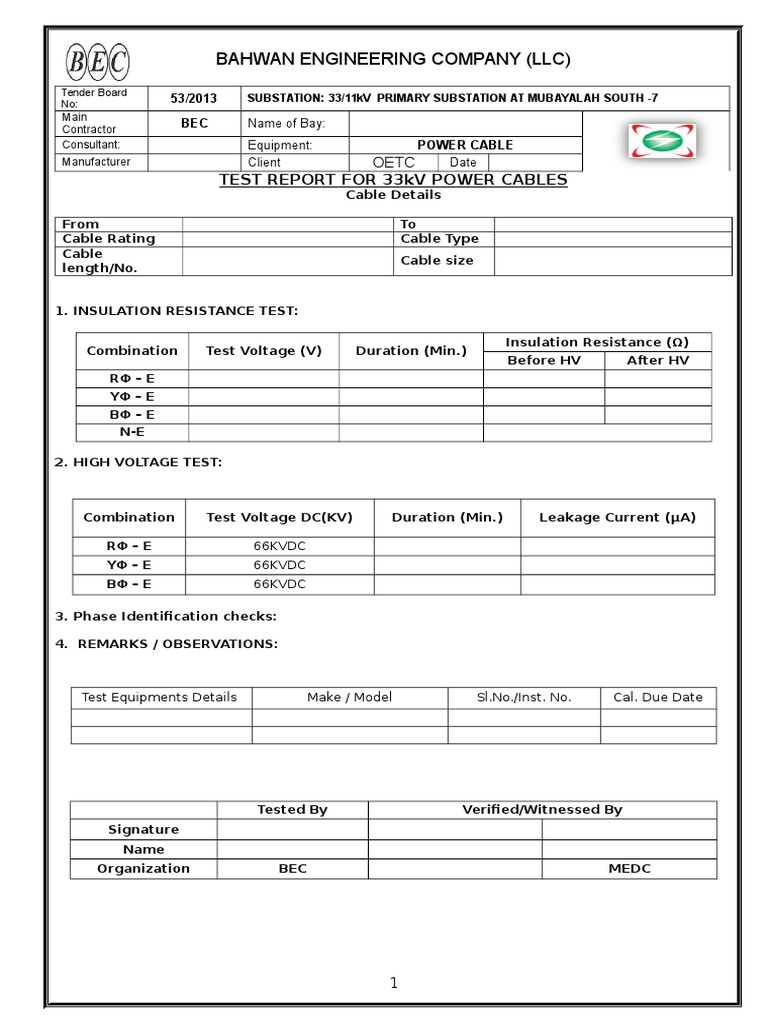 33 KV Cable Test Report - MUBAYALAH | PDF