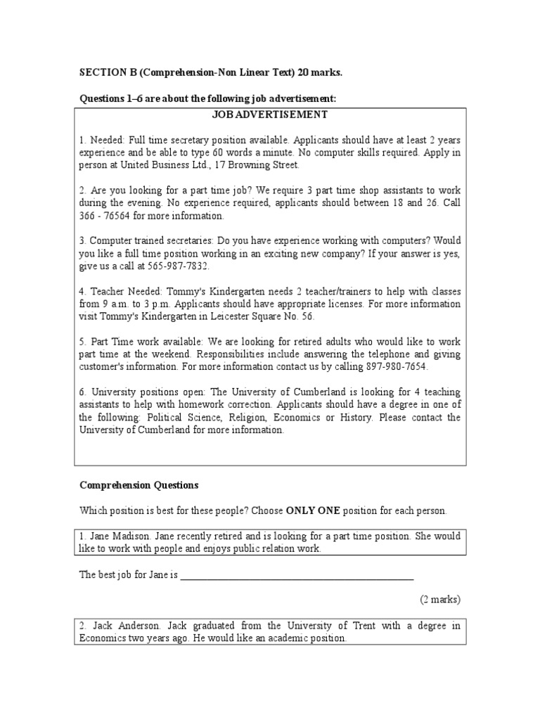 SECTION B (Comprehension-Non Linear Text) 20 Marks. Questions 1-6 Are ...