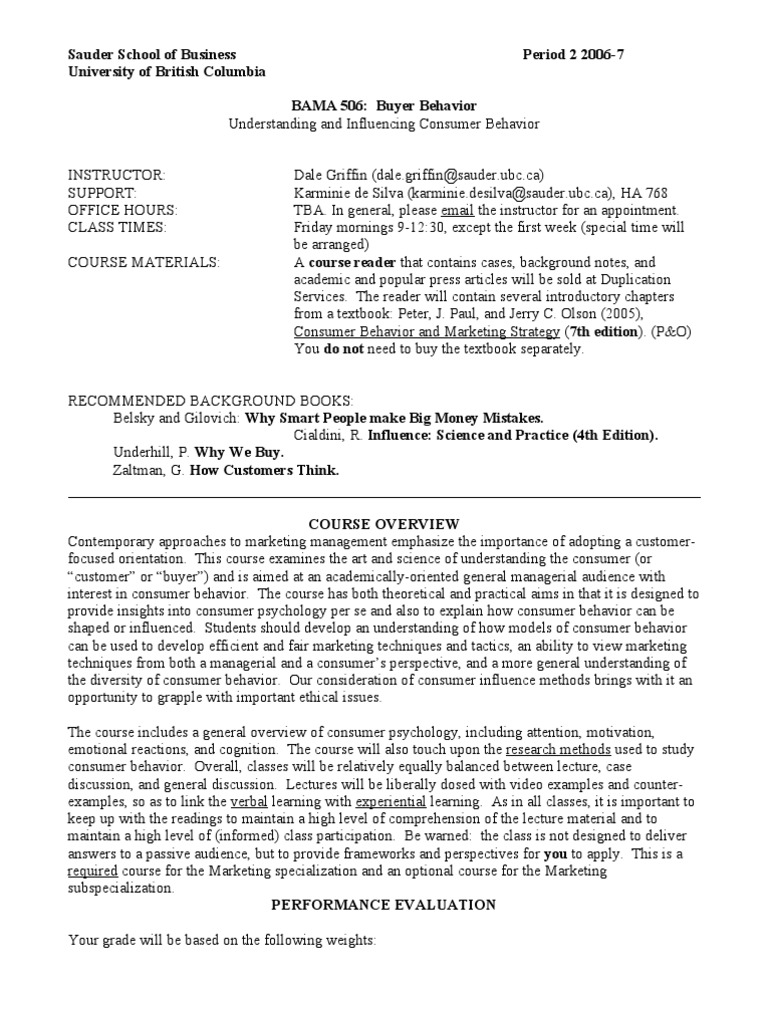 BAMA 506 Module Outline Period 2 2007 | PDF | Consumer Behaviour | Lecture