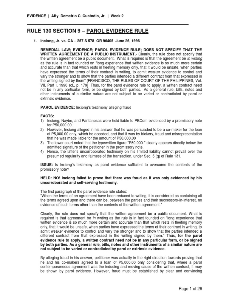 Parol Evidence and Witnesses (Case Digests) | PDF | Witness | Testimony