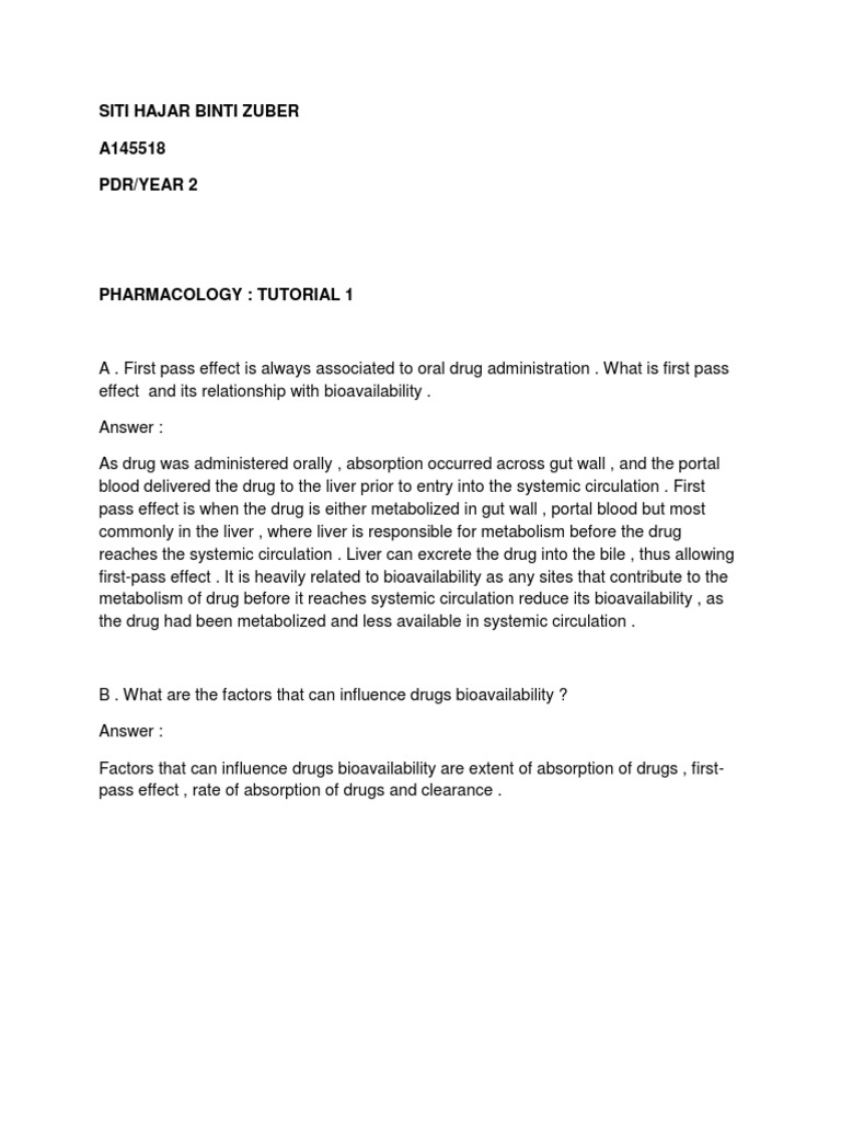 Pharmacology Tutorial Answers | PDF | Bioavailability | Pharmaceutical ...