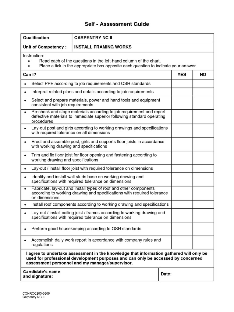 Self - Assessment Guide: CONROC205-0609 Carpentry NC II | PDF