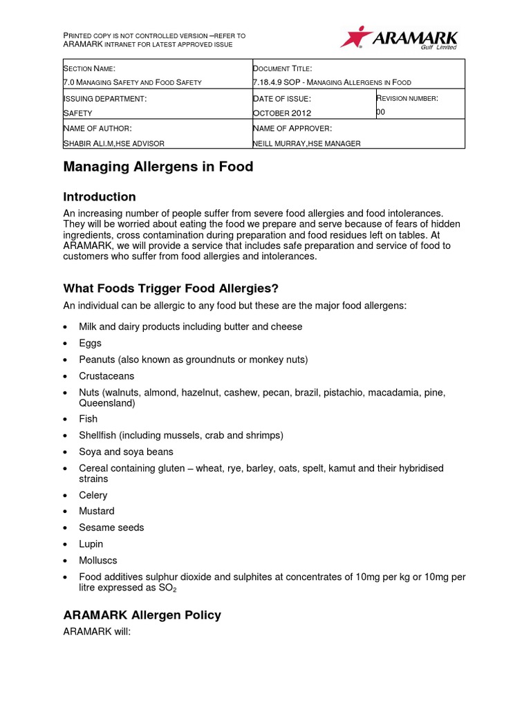46 for Review 7.18.4.9 SOP Managing Allergens in Food | Food Allergy ...