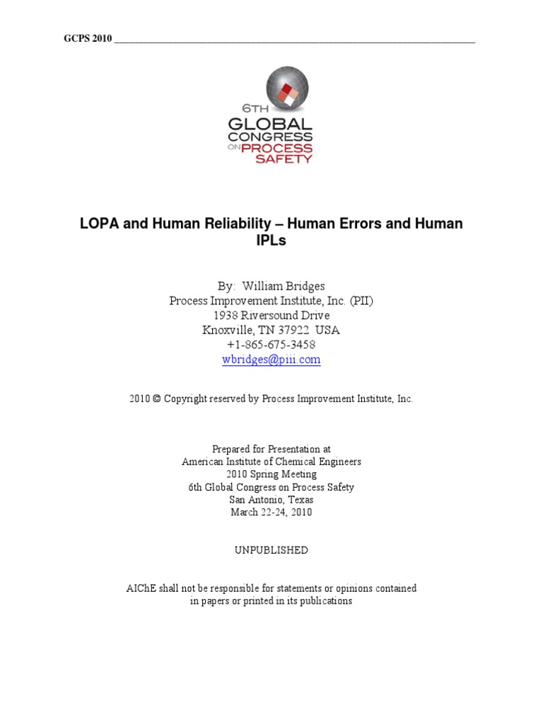 LOPA and Human Reliability | PDF | Reliability Engineering | Error