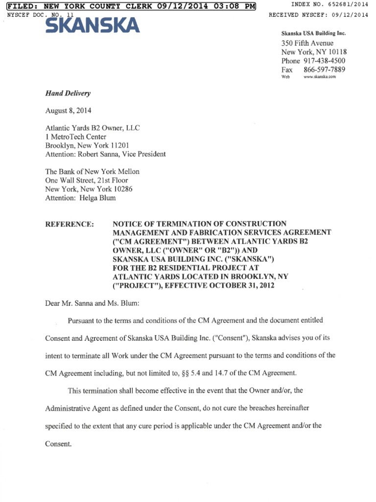 Skanska Termination Letter, Atlantic Yards B2 Project | PDF | Lease ...