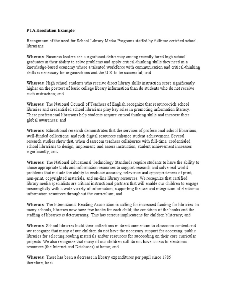 Pta Resolution | PDF | School Library | Librarian