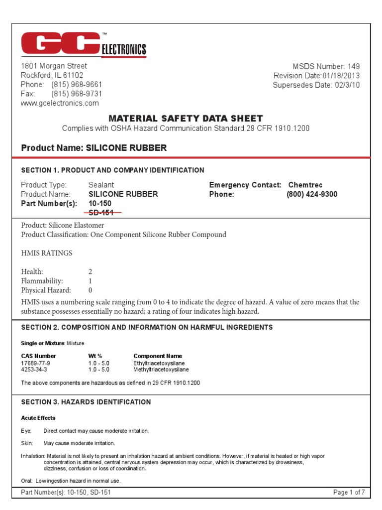 Material Safety Data Sheet Product Name: SILICONE RUBBER | PDF ...