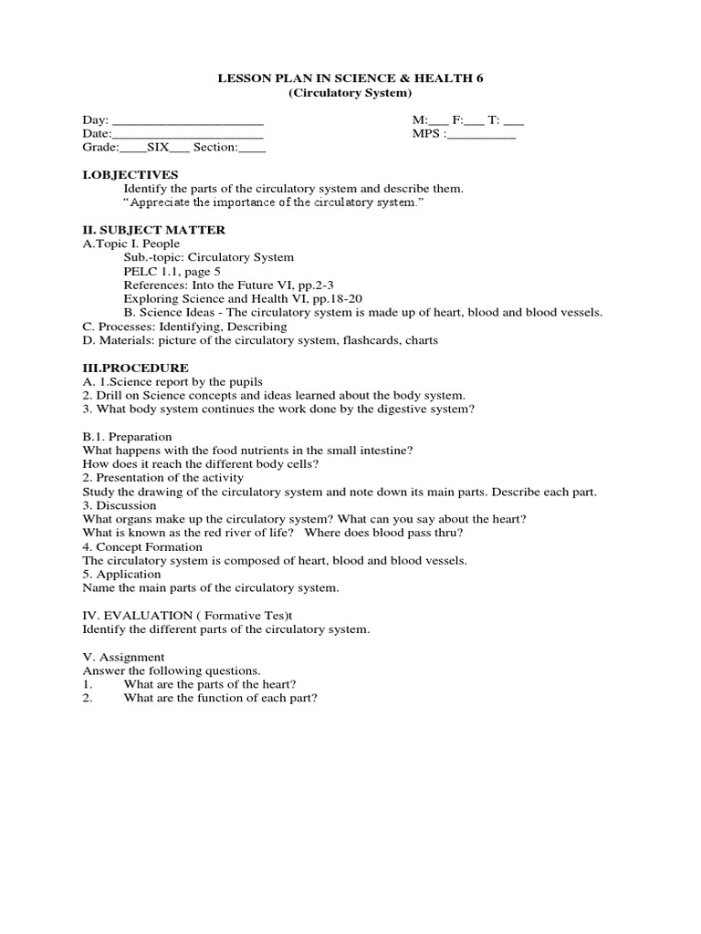 Lesson Plan Science 6 - Circulatory System | PDF | Heart | Atrium (Heart)