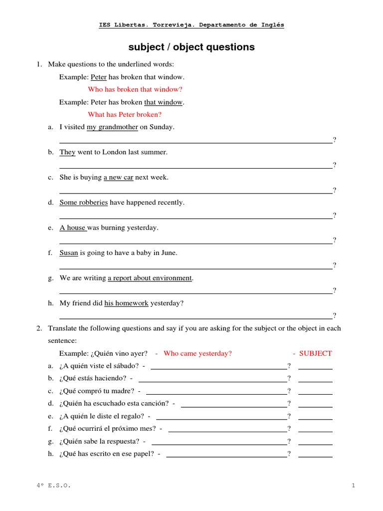 Subject Object Questions | PDF
