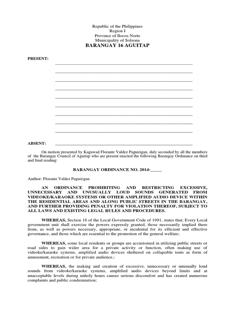 Barangay Ordinance On Videoke 2014 | PDF | Noise | Local Ordinance