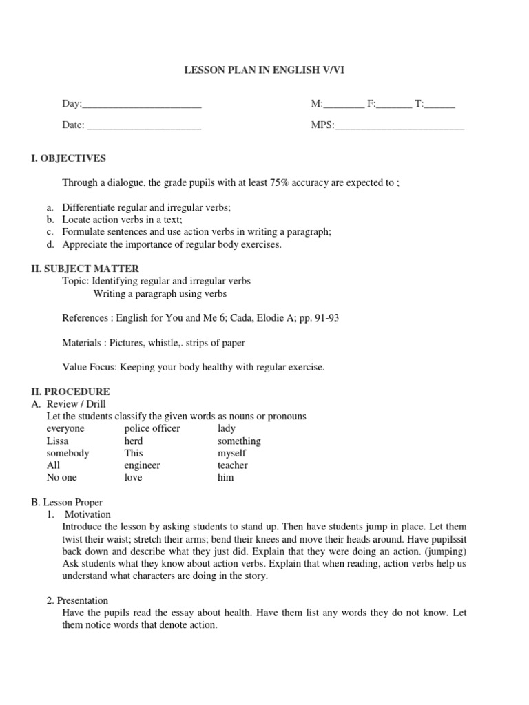 A Lesson Plan in English 6 Tense of Verbs | Download Free PDF ...