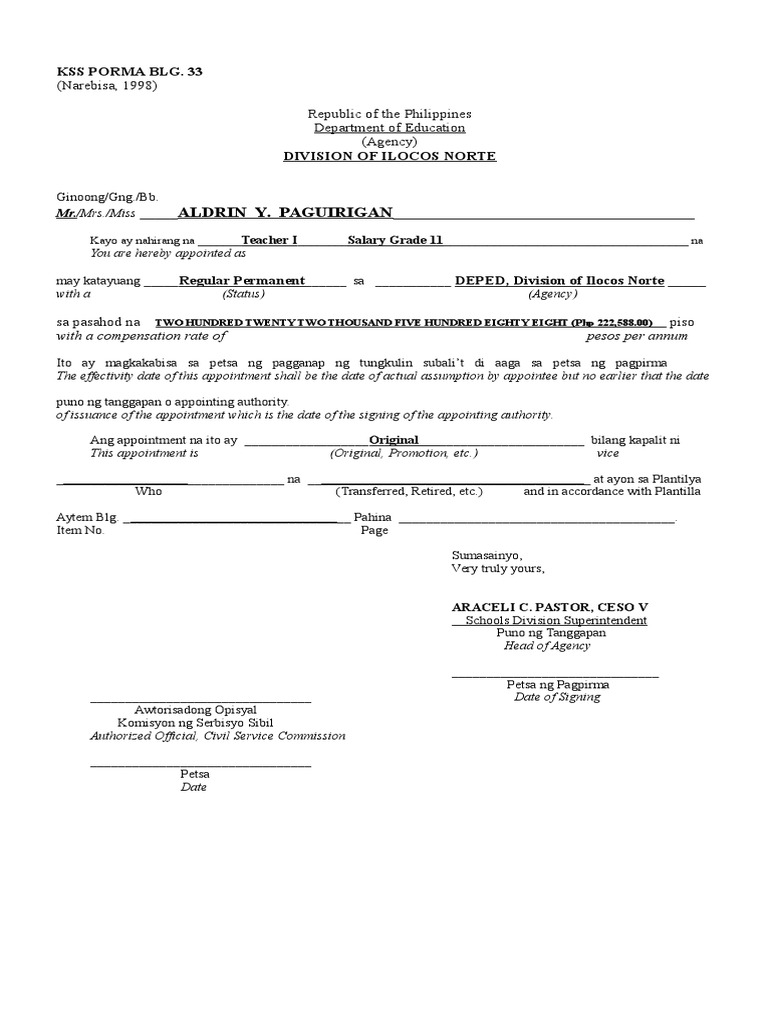 DepEd Appointment Order Sample | PDF