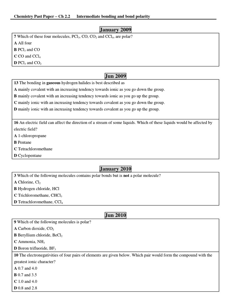 Chemistry Past Paper: Bond Polarity Quiz | PDF | Chemical Bond ...
