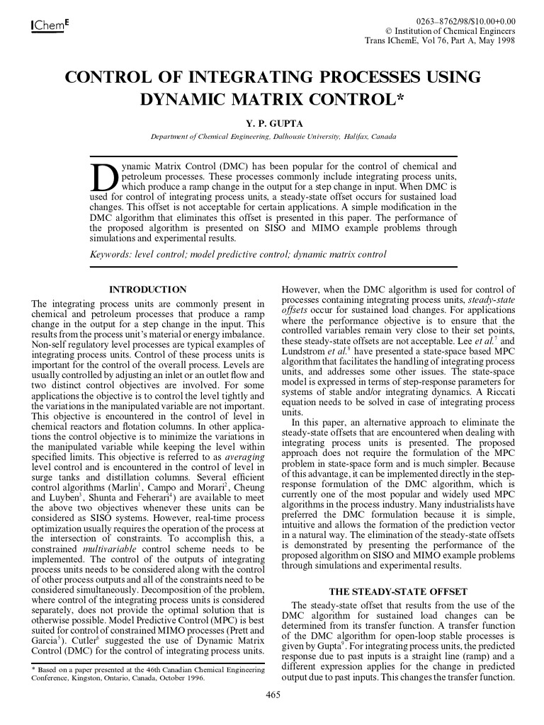 Control of Integrating Processes Using Dynamic Matrix Control | PDF | Control Theory ...
