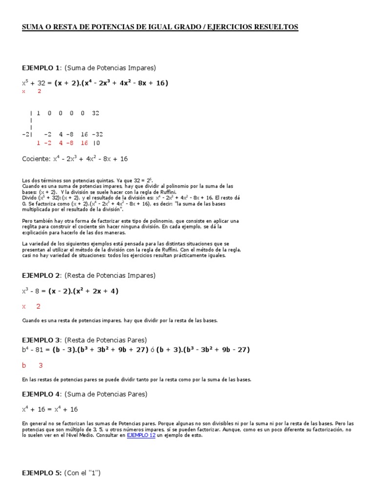 Suma O Resta de Potencias de Igual Grado Explicacion Y Ejercicios | PDF | Factorización ...