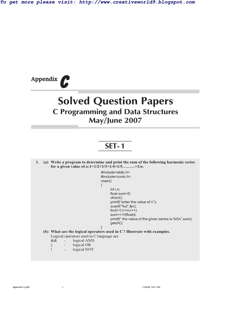 Solved Question Papers: C Programming and Data Structures May/June 2007 ...