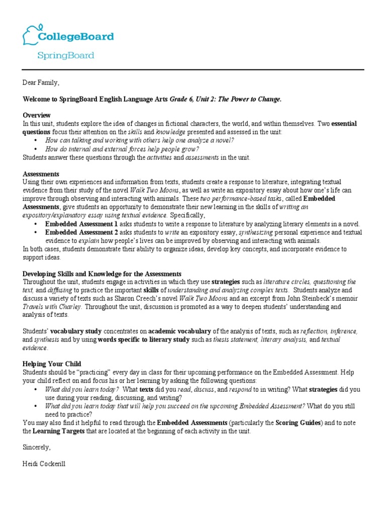 Grade 6 ELA Unit 2 Overview: Change | PDF | Educational Assessment | Essays