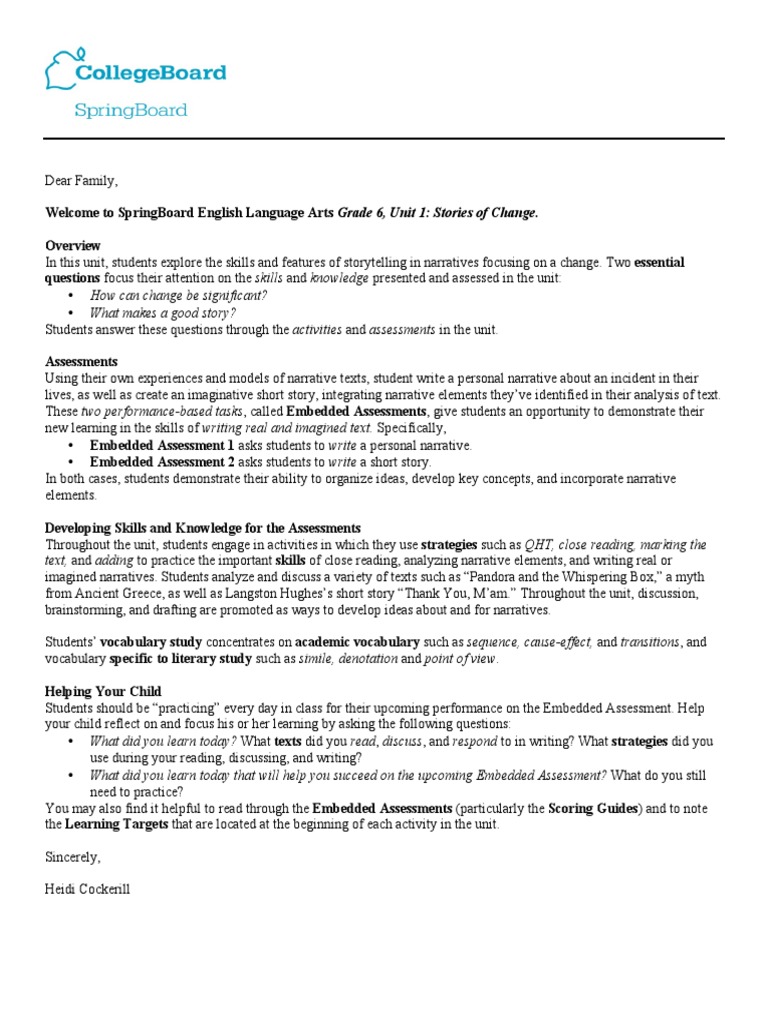 Springboard Unit 1 Trimester 1 | PDF | Narrative | Educational Assessment