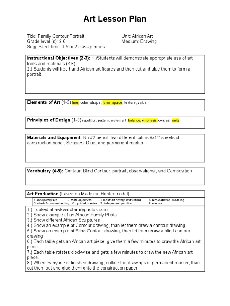 Art Lesson Plan Family Contour Portrait | PDF