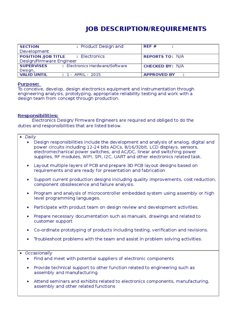 Job Description Electronics Engineer New | PDF | Electronics | Electronic Engineering