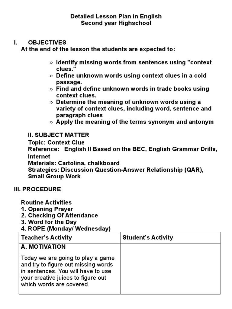 Detailed Lesson Plan in English | PDF | Lesson Plan | Word