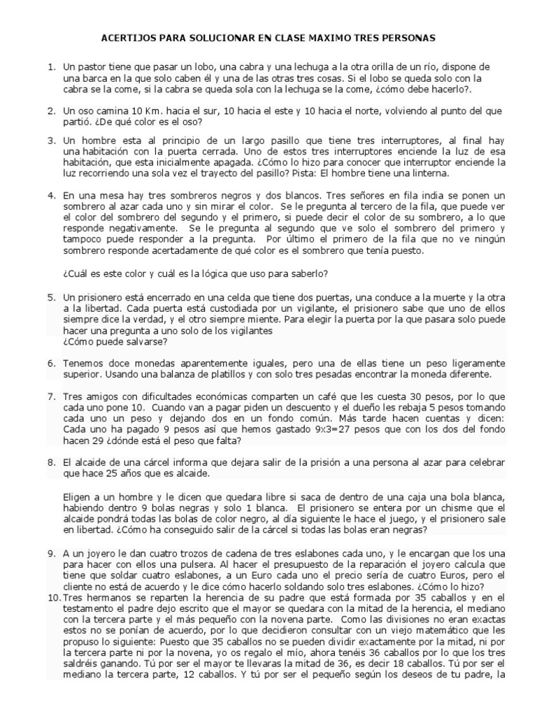 Acertijos para Solucionar en Clase Maximo Tres Personas | PDF | Violencia | Ocio