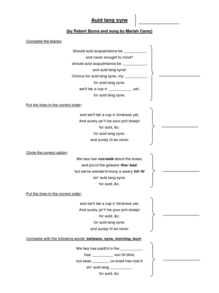 Auld Lang Syne Lyrics Activities | PDF