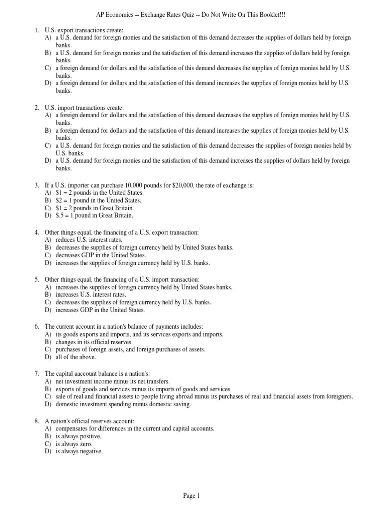 Eco Unit 11 Exchange Rates Quiz | PDF | Current Account | Exchange Rate
