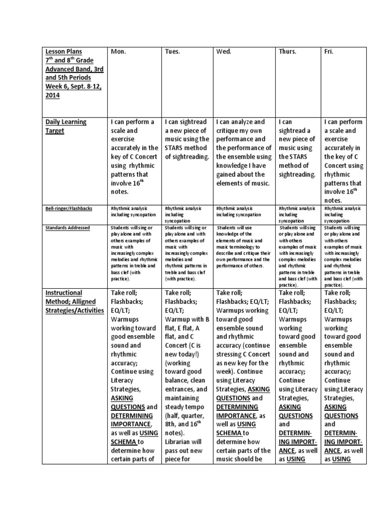 Lesson Plans Week 6 7th and 8th Grade Band Sept 8-12 2014 | PDF | Clef ...