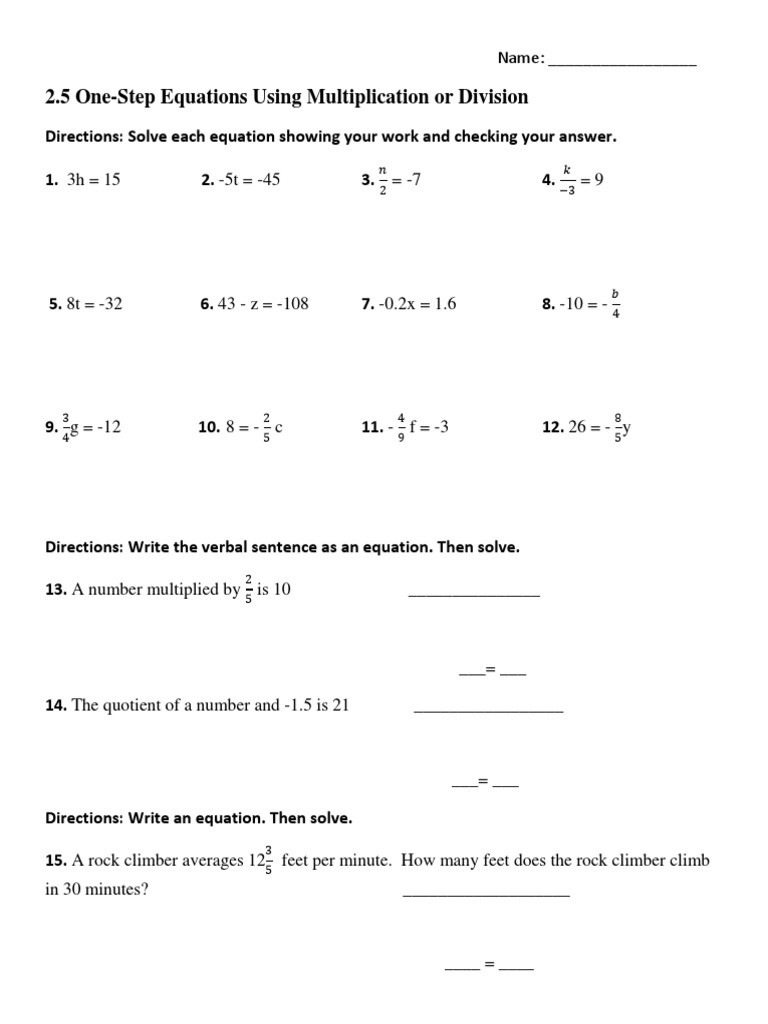 One-Step Equations Practice Worksheet | PDF | Multiplication ...
