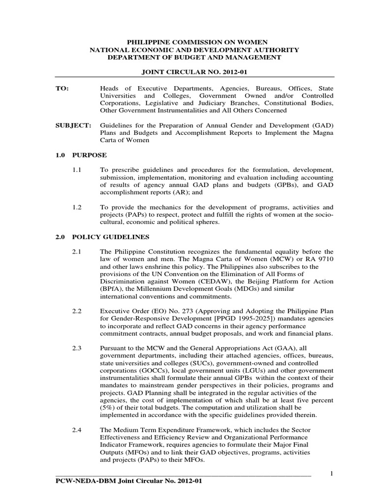 Joint Circular 2012 1 Neda DBM PCW | PDF | Social Protection | Gender Joint Circular 2012 1 Neda DBM PCW | PDF | Social Protection | Gender