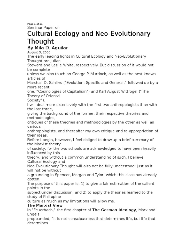 Cultural Ecology and Neo-Evolutionary Thought: by Mila D. Aguilar | PDF