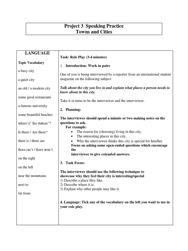 A1 Speaking Practice: Towns and Cities | PDF