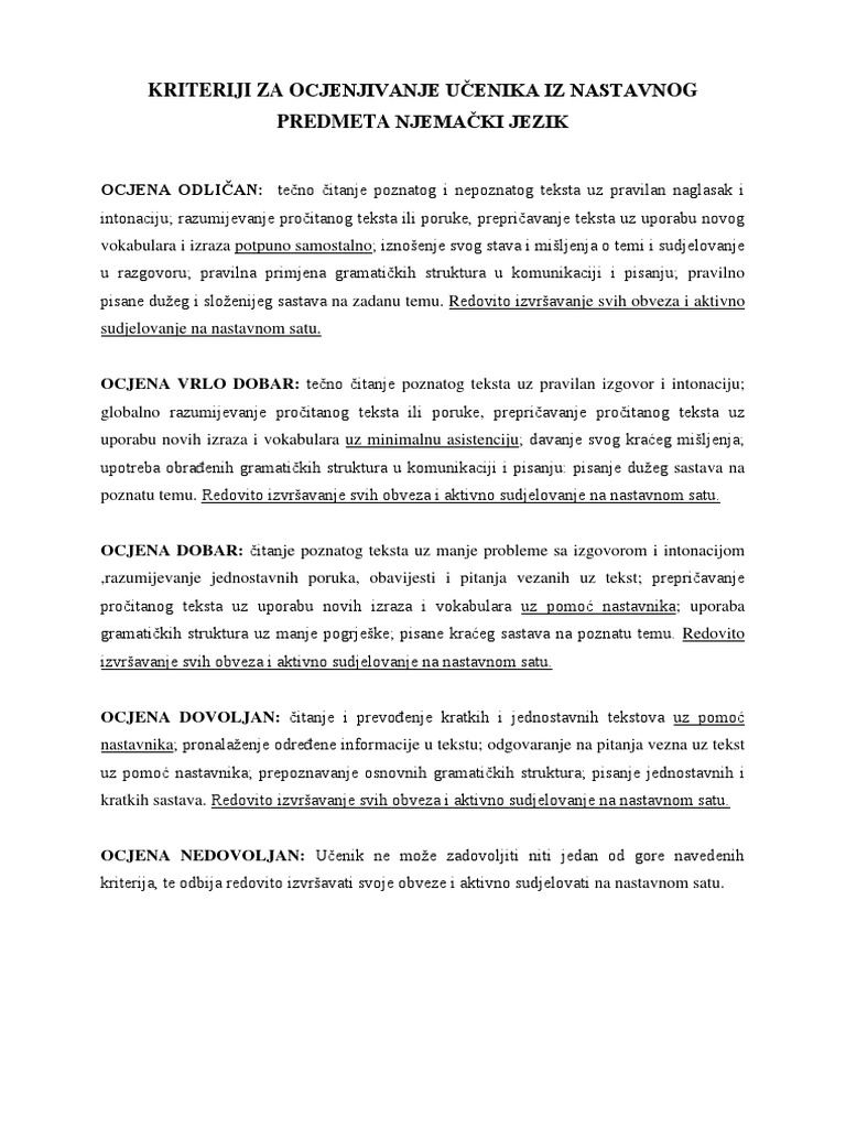 Njemacki Jezik-Kriterijum Ocjenjivanja | PDF