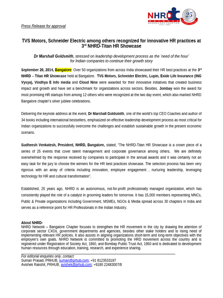 NHRD Titan HR Showcase | PDF | Bangalore | Economies