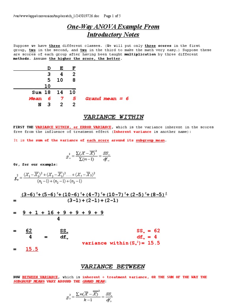 One-Way ANOVA Example From Introductory Notes: D E F 3 4 2 5 10 8 10 ...