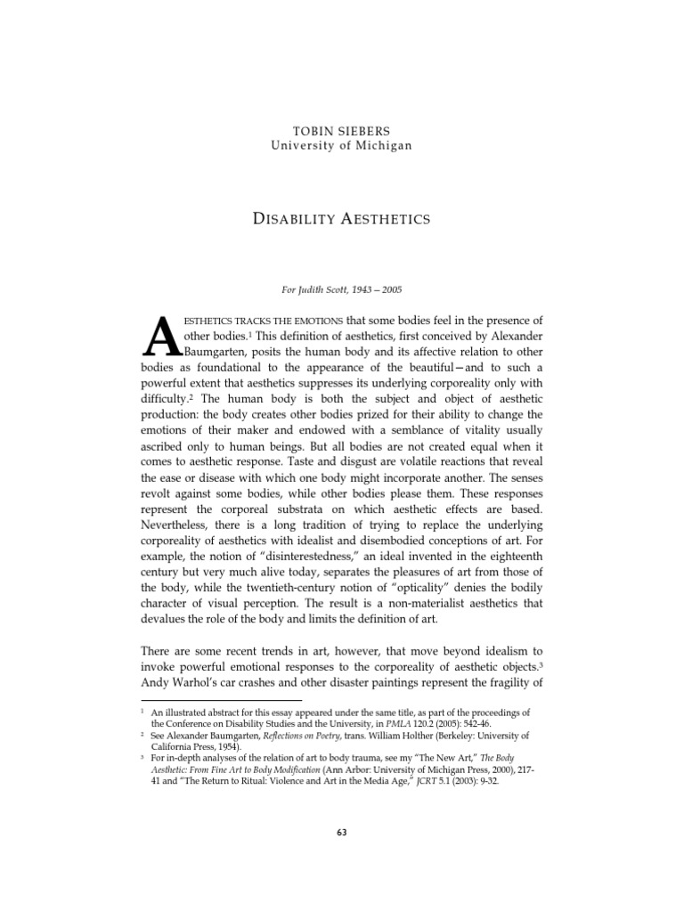 Siebers Tobin Disability Aesthetics | PDF | Aesthetics | Representation ...