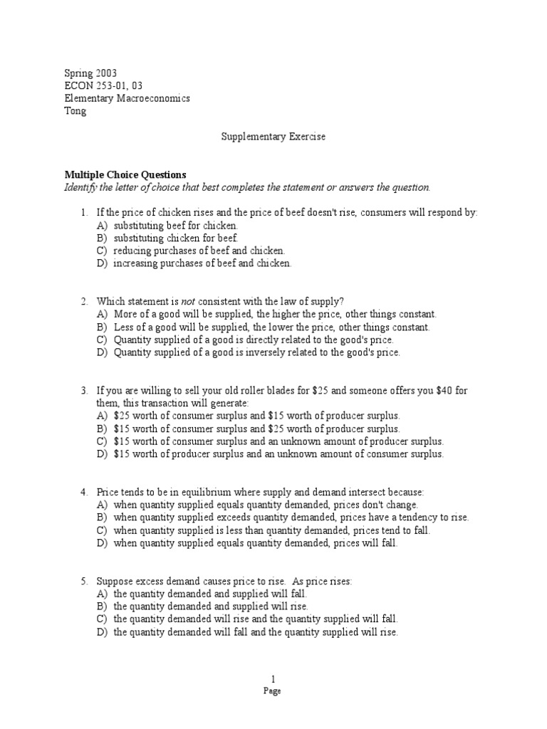 Multiple Choice Questions: Identify The Letter of Choice That Best ...