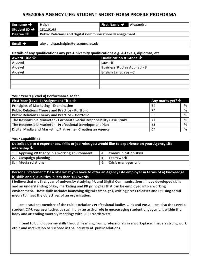 5P5Z0065 Agency Life: Student Short-Form Profile Proforma | PDF ...